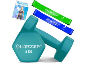 4255598354066 - KESSER® Hanteln Hantelset 2er Set 2kg - 5kg farbig Kurzhanteln Neopren Hexagon Krafttraining Workout Fitnesstraining für Zuhause Mit Übungsheft 2x Fitnessbänder