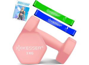 4255598354189 - KESSER® Hanteln Hantelset 2er Set 2kg - 5kg farbig Kurzhanteln Neopren Hexagon Krafttraining Workout Fitnesstraining für Zuhause Mit Übungsheft 2x Fitnessbänder