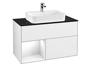 4051202632229 - Villeroy und Boch Finion Waschtischunterschrank F362GFGF 100cm Abdeckplatte black matt Regal links Glossy white lacquer Glossy white lacquer