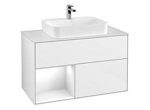 4051202637286 - Villeroy und Boch Finion Waschtischunterschrank F361GFGF 100cm Abdeckplatte white matt Regal links Glossy white lacquer Glossy white lacquer