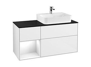 4051202640248 - Villeroy und Boch Finion Waschtischunterschrank G142GFGF 120cm Abdeckplatte black matt Emotion Regal links Glossy white lacquer Glossy white lacquer