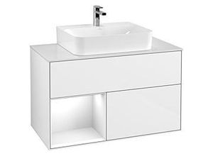 4051202702151 - Villeroy und Boch Finion Waschtischunterschrank G111GFGF 100cm Abdeckplatte white matt Emotion Regal links Glossy white lacquer Glossy white lacquer