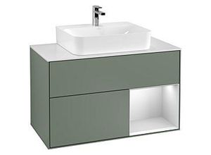 4062373009772 - Villeroy und Boch Finion Waschtischunterschrank F121MTGM 100cm Abdeckplatte weiß matt Regal rechts White matt lacquer Olive Matt Lacquer