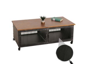 4057651876375 - Couchtisch MCW-N28 Sofatisch Rollen 2 Fächer 3D-Struktur Industrial Retro Metall Holz 45x120x60cm ~ schwarz braun