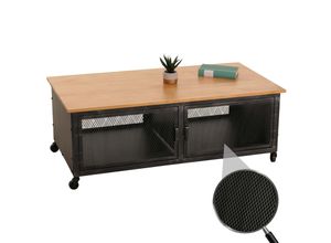 4057651876399 - Couchtisch MCW-N28 Sofatisch Rollen 2 Fächer 3D-Struktur Industrial Retro Metall Holz 45x120x60cm ~ schwarz natur
