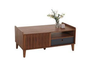 4057651649405 - Couchtisch MCW-M48 Wohnzimmertisch Tisch Sofatisch Mango-Massivholz 52x114x59cm ~ Walnuss-Optik Schublade dunkelgrau