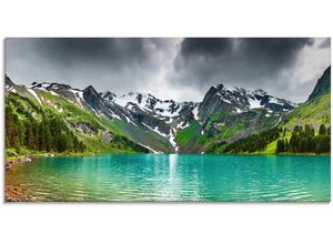 4058661084170 - Glasbild ARTLAND Bergsee Bilder Gr B H 100 cm x 50 cm Glasbild Berge 1 St grün Glasbilder in verschiedenen Größen