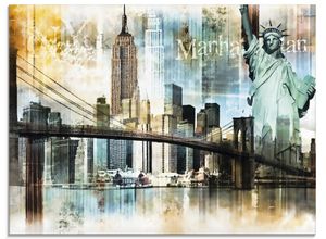 4055327402866 - Glasbild ARTLAND New York Skyline Abstrakte Collage Bilder Gr B H 80 cm x 60 cm Glasbild Amerika Querformat 1 St beige (naturfarben) Bild Glasbild Glasbilder Bilder in verschiedenen Größen