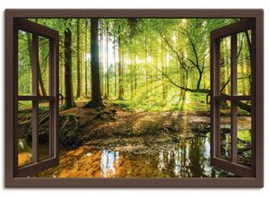 4058661278524 - Wandbild ARTLAND Fensterblick - Wald mit Bach Bilder Gr B H 100 cm x 70 cm Leinwandbild Wald Querformat 1 St braun Bild Leinwandbild Kunstdrucke Bilder als Leinwandbild Wandaufkleber oder Poster in versch Größen