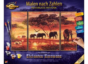 4000887924556 - Malen nach Zahlen SCHIPPER Meisterklasse Triptychon - Elefanten Karawane Malvorlagen bunt Kinder Basteln Malen Kosmetik Schmuck Made in Germany