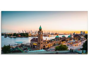 4057738872337 - Glasbild ARTLAND Hamburg Hafen und Landungsbrücken Bilder Gr B H 100 cm x 50 cm Glasbild Deutschland Querformat 1 St beige (naturfarben) Bild Glasbild Glasbilder Bilder in verschiedenen Größen