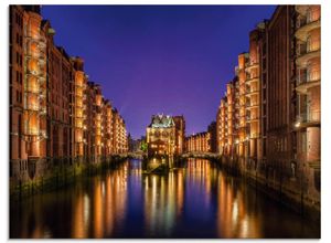 4055327990158 - Glasbild ARTLAND Hamburg Speicherstadt bei Nacht Bilder Gr B H 80 cm x 60 cm Glasbild Gebäude Querformat 1 St goldfarben Bild Glasbild Glasbilder Bilder in verschiedenen Größen