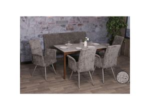 4057651917382 - Esszimmer-Set MCW-G55 4er-Set Stuhl mit Armlehne+Sitzbank 160cm Edelstahl gebürstet Stoff Textil Chenille ~ dunkelgrau