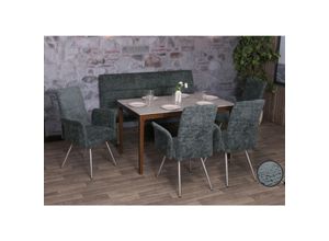 4057651909936 - Esszimmer-Set MCW-G55 4er-Set Stuhl mit Armlehne+Sitzbank 160cm Edelstahl gebürstet Stoff Textil Chenille ~ blau-grün