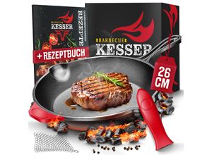 4255598338561 - KESSER® Gusseisenpfanne Gusseisen Bratpfanne Induktion Cast Iron Pan für Gasgrill Backofen Kohlegrill Steakpfanne voreingebrannt Inkl Schutzgriffe Rezeptbuch und Ringreiniger