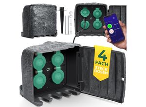 4260751943070 - KESSER® Gartensteckdose Steinoptik mit 4 Steckplätzen - mit WiFi Funktion Steuerung per App - InklErdspieß Mehrfachsteckdosen aussen mit 3m Verlängerungskabel Außensteckdose IP44 Dämmerungssensor