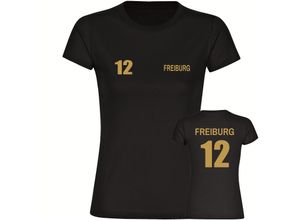 4068859507053 - multifanshop Damen T-Shirt - Freiburg - Trikot Nummer 12 gold - Druck gold metallic - Frauen