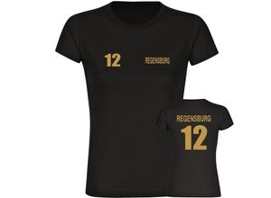 4068859575373 - multifanshop Damen T-Shirt - Regensburg - Trikot Nummer 12 gold - Druck gold metallic - Frauen