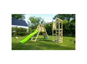 5902730330295 - Spielturm Climber teak mit Rutsche Einzelschaukel Kletterwand und Schaukelsitze - Fungoo