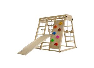 4262437183282 - Maxi Klettergerüst für Kinder - Indoor Spielplatz mit Rutsche Kletterwand Kletternetz & Schaukel - Holz Kletterturm klappbar - Natur - groß - Juskys