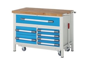 4061753292537 - eurokraft pro Fahr- und absenkbare Werkbank Gestellbauweise Serie 8000 7 Schubladen Platten-BxT 1250 x 700 mm