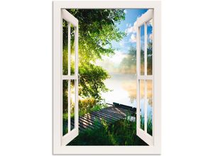 4059745785136 - Wandbild ARTLAND Fensterblick Angelsteg am Fluss Bilder Gr B H 70 cm x 100 cm Alu-Dibond-Druck Fensterblick 1 St weiß Kunstdrucke als Alubild Leinwandbild Wandaufkleber oder Poster in versch Größen