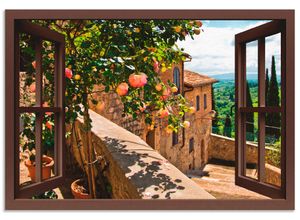 4057738381792 - Wandbild ARTLAND Fensterblick Rosen auf Balkon Toskana Bilder Gr B H 70 cm x 50 cm Alu-Dibond-Druck Garten Querformat 1 St braun Bild Leinwandbild Kunstdrucke Bilder als Alubild Leinwandbild Wandaufkleber oder Poster in versch Größen