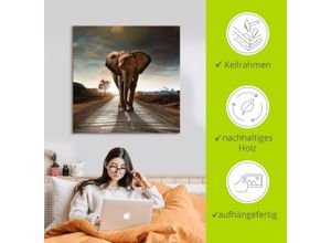 4059745437349 - Wandbild ARTLAND Ein Elefant läuft auf der Straße Bilder Gr B H 70 cm x 70 cm Leinwandbild Wildtiere quadratisch 1 St braun Bild Leinwandbild Kunstdrucke Bilder als Alubild Leinwandbild Wandaufkleber oder Poster in versch Größen