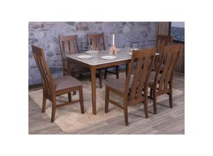 4057651860183 - 6er-Set Esszimmerstuhl MCW-M58 Küchenstuhl Lehnstuhl Stuhl Stoff Textil Massiv-Holz ~ dunkles Gestell taupe