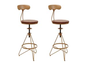 4057651655451 - 2er-Set Barhocker MCW-N18 Barstuhl höhenverstellbar drehbar Fußablage Industrial Metall Holz ~ braun Gestell gold