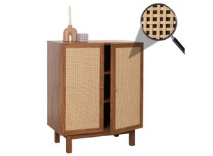 4057651646695 - Highboard MCW-M51 Kommode Schrank Sideboard Staufächer Massiv-Holz Mango Kubu Rattan 98x79x42cm ~ Walnuss-Optik