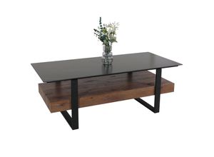 4057651641270 - Couchtisch MCW-L88 Wohnzimmertisch Tisch Ablage Eisen 43x120x60cm Sinterstein Marmor-Optik schwarz Holz dunkelbraun