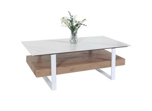 4057651641201 - Couchtisch MCW-L88 Wohnzimmertisch Tisch Ablage Eisen 43x120x60cm Sinterstein Marmor-Optik weiß Holz natur