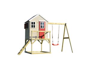 4751017090770 - Kinderspielhaus Stelzenhaus Zebra mit Veranda und Schaukel holz   rot - Wendi Toys