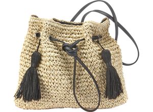 6932733895353 - Umhängetasche LASCANA Strandtasche Damen Gr B H T 36cm x 32cm x 1cm beige (beige schwarz) Papierstroh kontrastfarbene Details unifarben mit Farbeinsatz Taschen Strohtasche aus Papierstroh Handtasche Schultertasche VEGAN