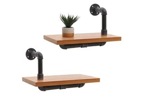 4057651653501 - 2er-Set Wandregal MCW-N29 Hängeregal Regal Bücherregal 3D-Struktur Industrial Stahl Massiv-Holz 29x45x25cm ~ natur