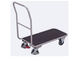 4035694001862 - Magazinwagen Aluminium Siebdruckplatte alusilber Dunkelbraun L 845 x B 440 mm mit Querrohr TPE-Rollen mit EasySTOP bis 200 kg