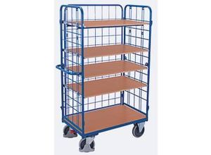 4035694000933 - Drahtgitter-Etagenwagen Stahl MDF-Platte Enzianblau Buche-Dekor 1 Etage 1000 x 700 mm einhängbare Längswand EasySTOP bis 500 kg