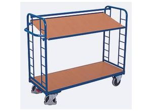 4035694000995 - Etagenwagen Stahl MDF-Platte Enzianblau Buche-Dekor 2 Etagen 1355 x 550 mm Stirnwände mit Rundstahlverstrebung EasySTOP bis 250 kg