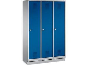 4063332706848 - Garderobenspind Evolo S 3000 Stahl mit Sockel 3 Abteile mit jeweils B 400 mm Zylinderschloss weißaluminium RAL 9006 enzianblau RAL 5010