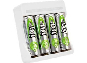 4013674178179 - Akkuladegerät für Batterien Basic IV für 1-4x AA AAA USB-Eingang inkl Kabel inkl 4x AA Akkus B 75 × T 66 × H 252 mm weiß