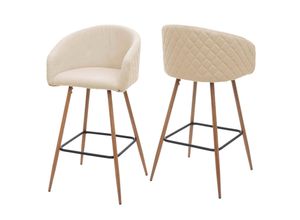 4057651420011 - 2er-Set Barhocker MCW-D72 Barstuhl Tresenhocker Küchenhocker mit Lehne Metall Holzoptik ~ Stoff Textil creme-beige