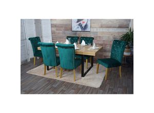 4057651414362 - 6er-Set Esszimmerstuhl MCW-D22 Stuhl Küchenstuhl Nieten Samt ~ dunkelgrün goldfarbene Beine