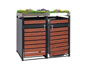 4057651581033 - 2er Mülltonnenverkleidung mit Pflanzkasten MCW-J81 erweiterbar 125x132x80cm Metall 47kg anthrazit ~ Kirsche-Holzoptik