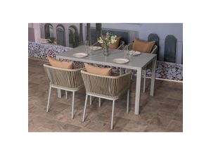 4057651840772 - Gartengarnitur MCW-N41 Tisch+4xStuhl wetterfest Alu 140x80cm Seilgeflecht Rope ~ hellgrau Kissen taupe