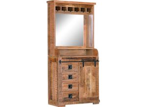 4061915181105 - Midischrank Kamerun Bar Kommode mit Buffet-Aufsatz beige (natur) B90cm H190cm T33cm Massivholz Schränke mit Spiegel und Glashalter