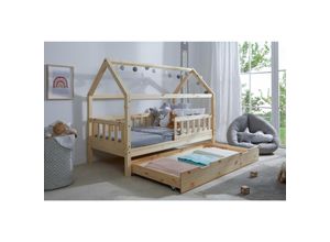 4251105969143 - TiCAA Kinderbett Hausbett Montessori Kay 90x200 100x200 cm 120x200 cm 140x200 für Jungen & Mädchen mit Schubladen Rausfallschutz & Rolllattenrost - aus Kiefer Massivholz für Kinderzimmer