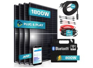 4255656236198 - SUNNIVA® 1800W Balkonkraftwerk 800W komplett Steckdose - Astro Energy 800W Wechselrichter - PV Solaranlage Komplettset - 4x 450W (1800W) Solarmodule Black Frame - inkl 5m Kabel - Bluetooth WIFI
