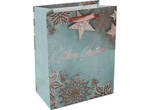 4004360769207 - Geschenktasche Glamorous Christmas Sterne Bodeneinlage Seidenbandgriffe B 180 x T 100 x H 230 mm Weißkarton Kunststoff blau-kupfer 1 Stück
