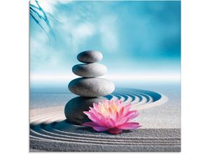 4058661461469 - Glasbild ARTLAND Sand Lilie und Spa-Steine in Zen-Garten Bilder Gr B H 20 cm x 20 cm Zen 1 St blau Glasbilder Bilder in verschiedenen Größen